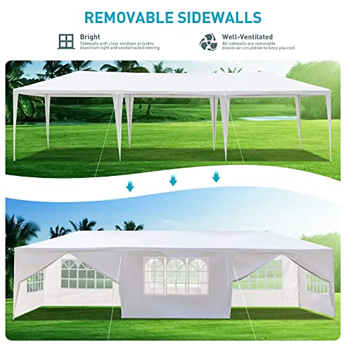 10'x30' Party Tent, Outdoor Tents for Parties, Wedding and Birthday, White Large Canopy Tent with 8 Removable Sidewalls & Transparent Windows, Outside Gazebo Event Tent for Garden, Patio and Backyard