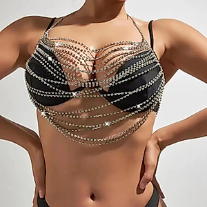 Salliy Boho Body Chain Bra Silver Sexy Rhinestone Bikini Bra Body Halter Backless Sequins Chain Bra Beach Body Accessories Jewelry for Women and Girls (Bra)