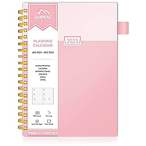 2023 Weekly & Monthly Planner, Jan. 2023 - Dec. 2023, AIMPEAK Weekly Planner 2023 with Tabs, Calendar Planner with Inner Pocket, Pen Loop, Flexible Cover，Spiral Binding, Pink(7"x10")