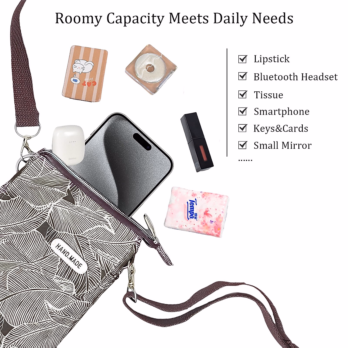 WITERY Small Canvas Cell Phone Purse Wallet- Handmade Cute Leaf Pattern Cross Body Phone Pouch with Shoulder Strap for Women Teen Girls