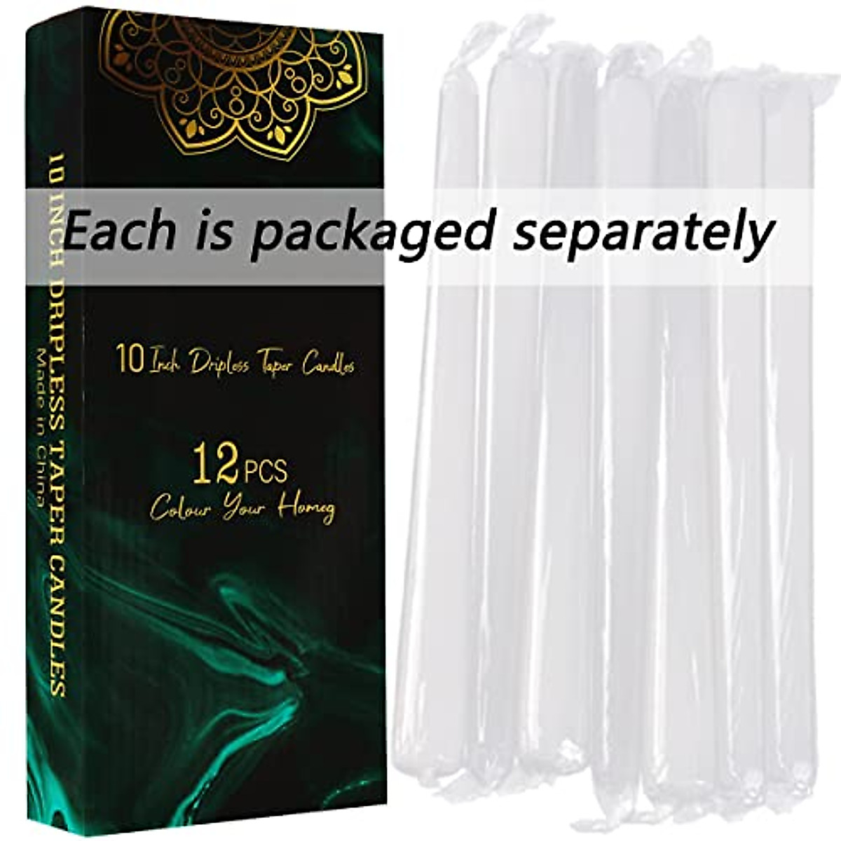 12 Pack Tall Taper - 10 Inch White Dripless, Unscented Dinner Candle - Paraffin Wax with Cotton Wicks - 7.5-8 Hour Burn Time