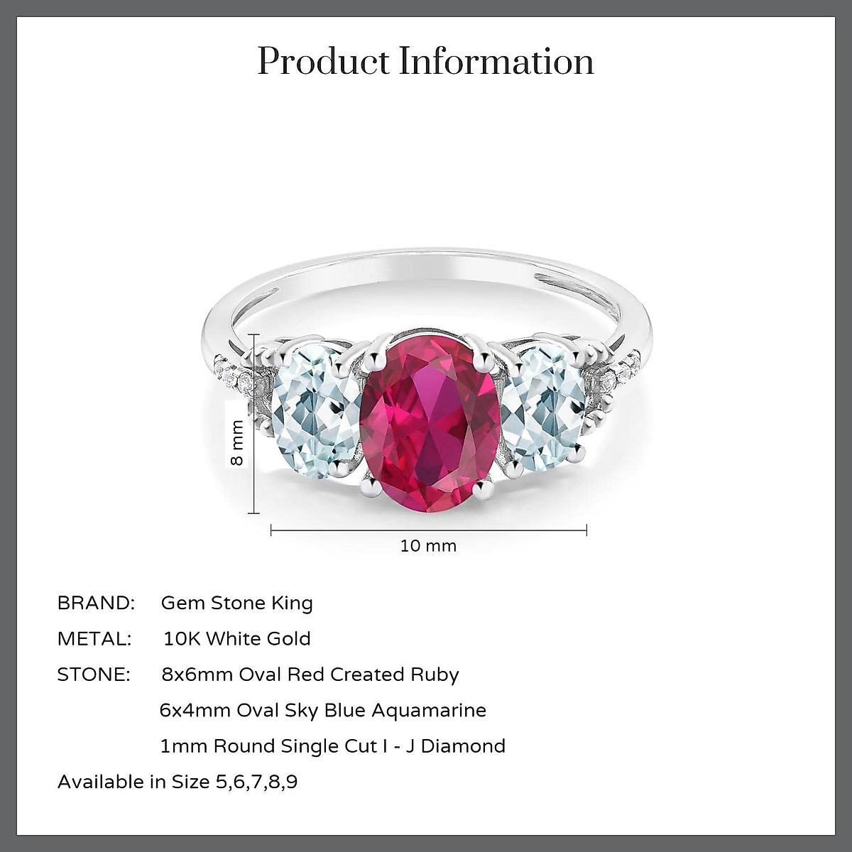 Gem Stone King 10K White Gold Oval Red Created Ruby Sky Blue Aquamarine and Diamond Accent 3 Stone Women Engagement Ring (2.06 Cttw) (Size 8)
