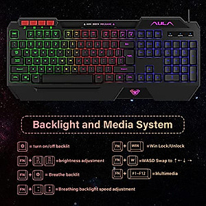 AULA Gaming Keyboard Mouse Headset and Mousepad Combo, Rainbow LED Backlit Gaming Keyboard Mouse Set, USB Wired Bundle for PC Computer Laptop Gamer