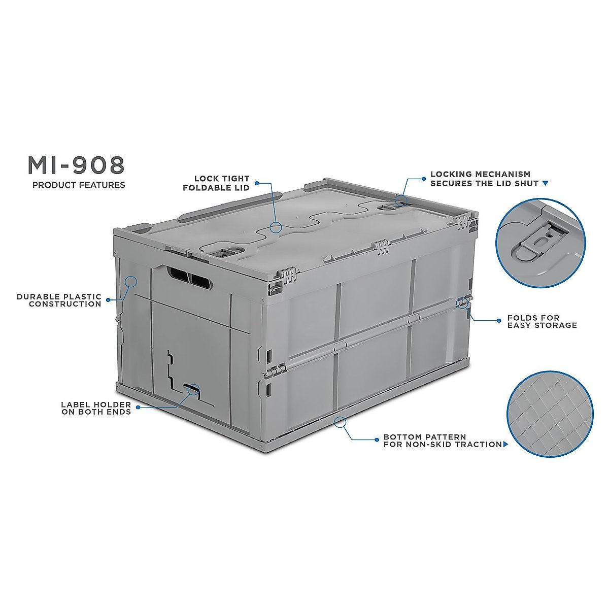 Mount-It! Collapsible Plastic Storage Crate, Folding and Stackable Utility Distribution Container with Attached Lid, 65L Liter Capacity, Pack of 1