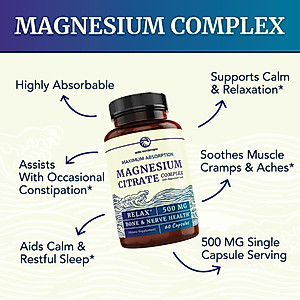 Magnesium Citrate Complex 500 MG for Calm, Relaxation, Constipation & Digestion Support | High Absorption Magnesium Supplement with Elemental Mag Oxide | Non-GMO, Soy-Free | 60 Ct (2 Month Supply)