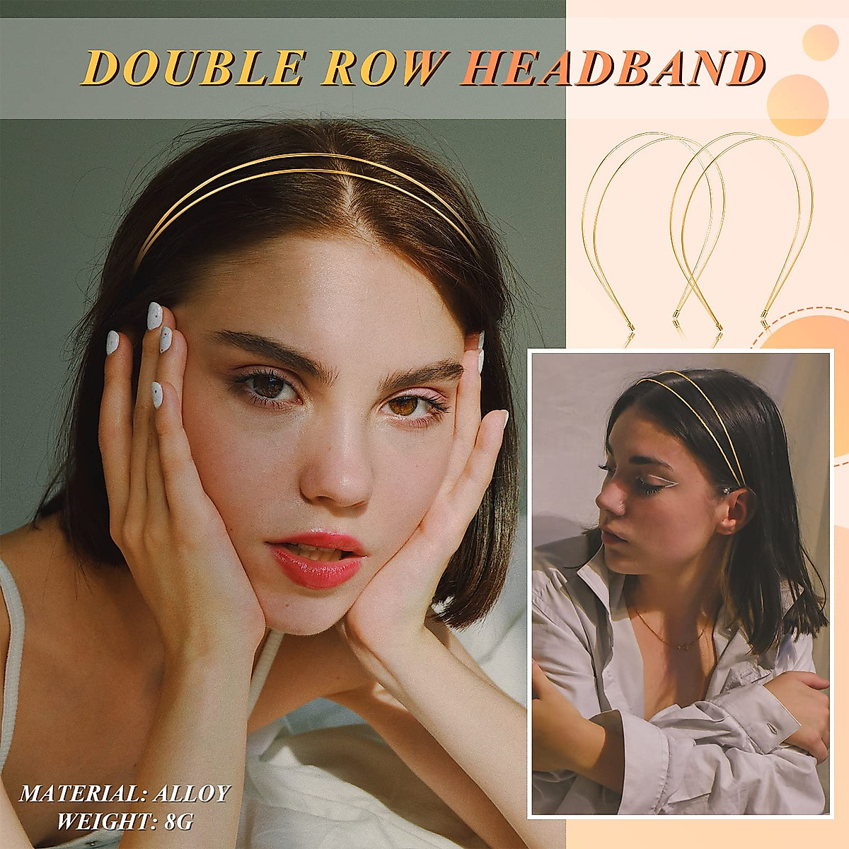 Syhood 4 Pieces Metal Double Layer Headbands Row Wire Headband for Women Wedding Hair Band Elastic Metal Hairband for Girls (Gold,Round)