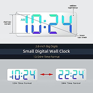 XUANZIT Wall Clock - LED Digital Wall Clock with Dynamic RGB Display, Mirror Surface, Big Digits, Auto-Dimming, Small Silent Wall Clock for Living Room, Bedroom, Farmhouse, Kitchen, Office