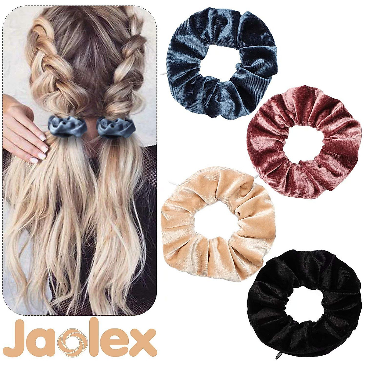 Jaolex 4 Packs Hair Scrunchies with Zipper Pocket Soft Elastic Hair Bands Hair Scrunchy Ties Ropes Hair