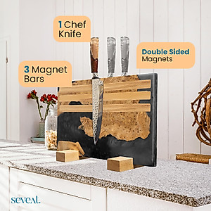 Seveat 15 inches Magnetic Knife Block – Double-Sided Wooden Magnetic Knife Holder with 3 Knife Magnet Bars, Stylish Kitchen Knife Storage Organizer & Stand for Countertops (Black)