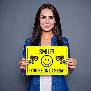 ASSURED SIGNS Smile You're On Camera Sign - 11.75 X 8 Inch - 2 Pack - Ideal Aluminum Video Surveillance Security Signs to Prevent Trespassing on Private Property - Perfect for House, Business, Yard or Private Driveway