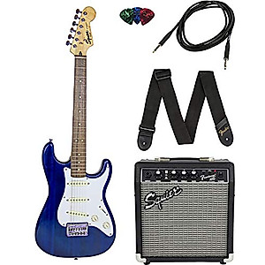 Fender Squier 24-Inch Short Scale Strat Pack - Transparent Blue Bundle with Frontman 10G Amplifier, Instrument Cable, Strap, Picks, Online Lessons, and Austin Bazaar Instructional DVD