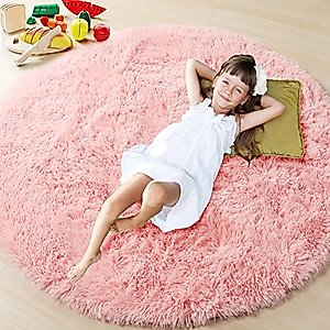 ONASAR Pink Round Area Rug 4ft, Soft Bedroom Circle Rugs Floor Mats for Kids Girls Teen Room, Cute Fluffy Plush Shaggy Carpet for Baby Nursery Living Room Playroom Home Decor Princess Castle