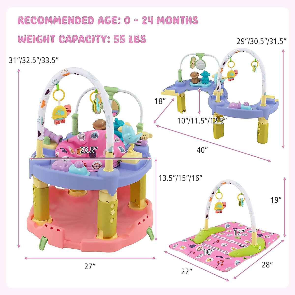 BABY JOY Baby Bouncer Activity Center, 3 in 1 Activity Center & Table | Infant Play Mat, Bouncing Activity Saucer w/Music, 3 Adjustable Height, 360° Seat, Exersaucer for Babies 0-24 Months (Pink)