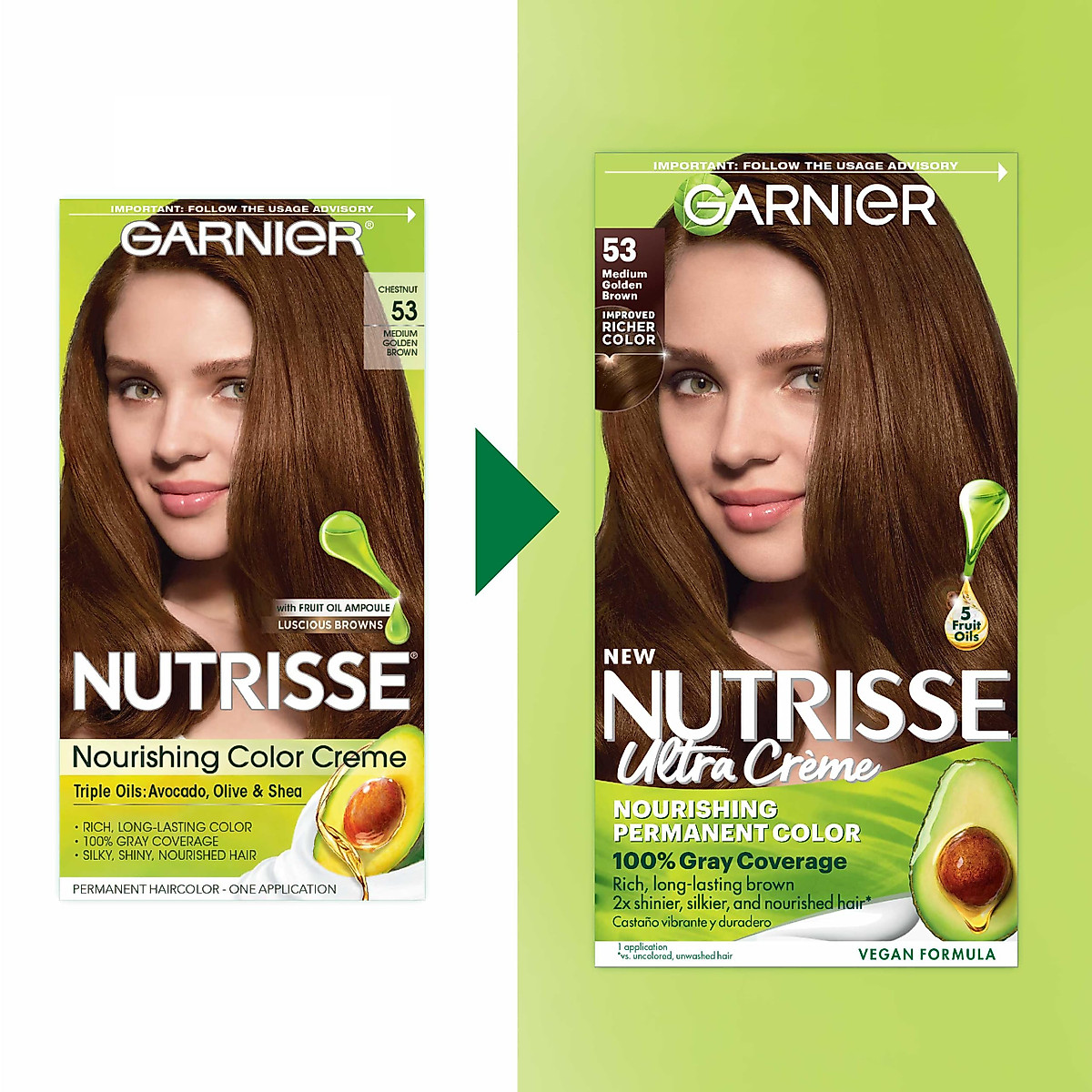 Garnier Hair Color Nutrisse Nourishing Creme, 53 Medium Golden Brown (Chestnut) Permanent Hair Dye, 2 Count (Packaging May Vary)