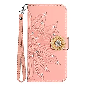 ONV Wallet Case for Samsung Galaxy Note 10 Plus - Glitter Shinny Sunflower Flip Leather Case Card Slot Shockproof Kickstand Magnetic Wrist Cover for Samsung Galaxy Note 10 Plus [HT] -Pink-T