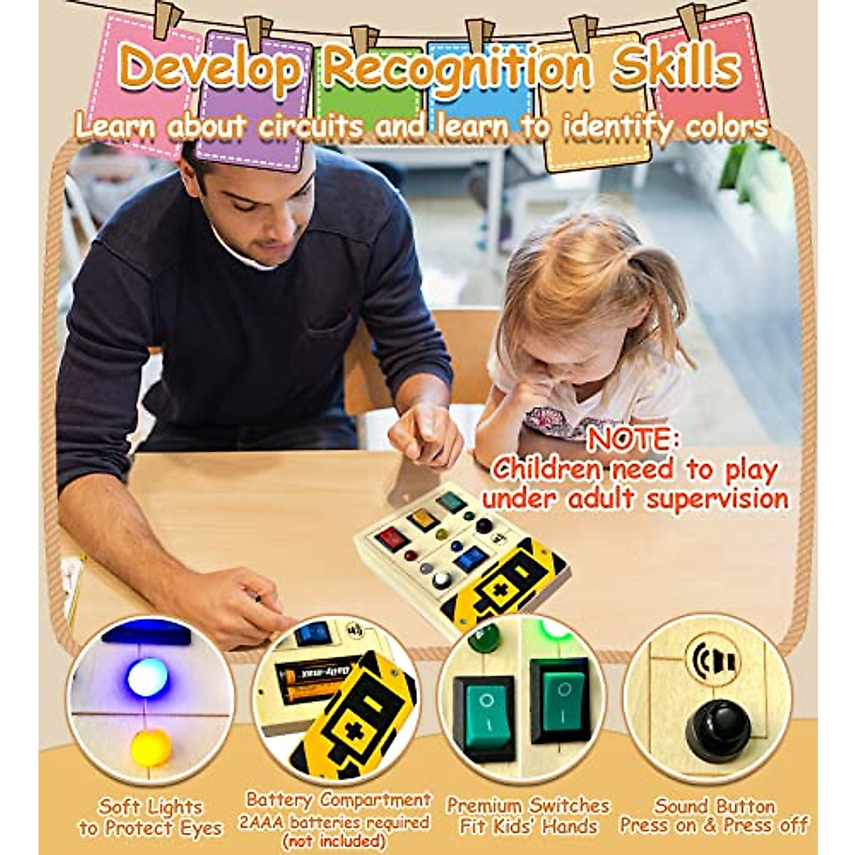 TEUVO LED Light Switch Busy Board for Toddler with Sound Montessori Toys Wooden Sensory Board Travel Toys with Button Keep Toddler Busy Educational Learning Toy Gifts for Kids Boy Girls Aged 1 2 3 4 5