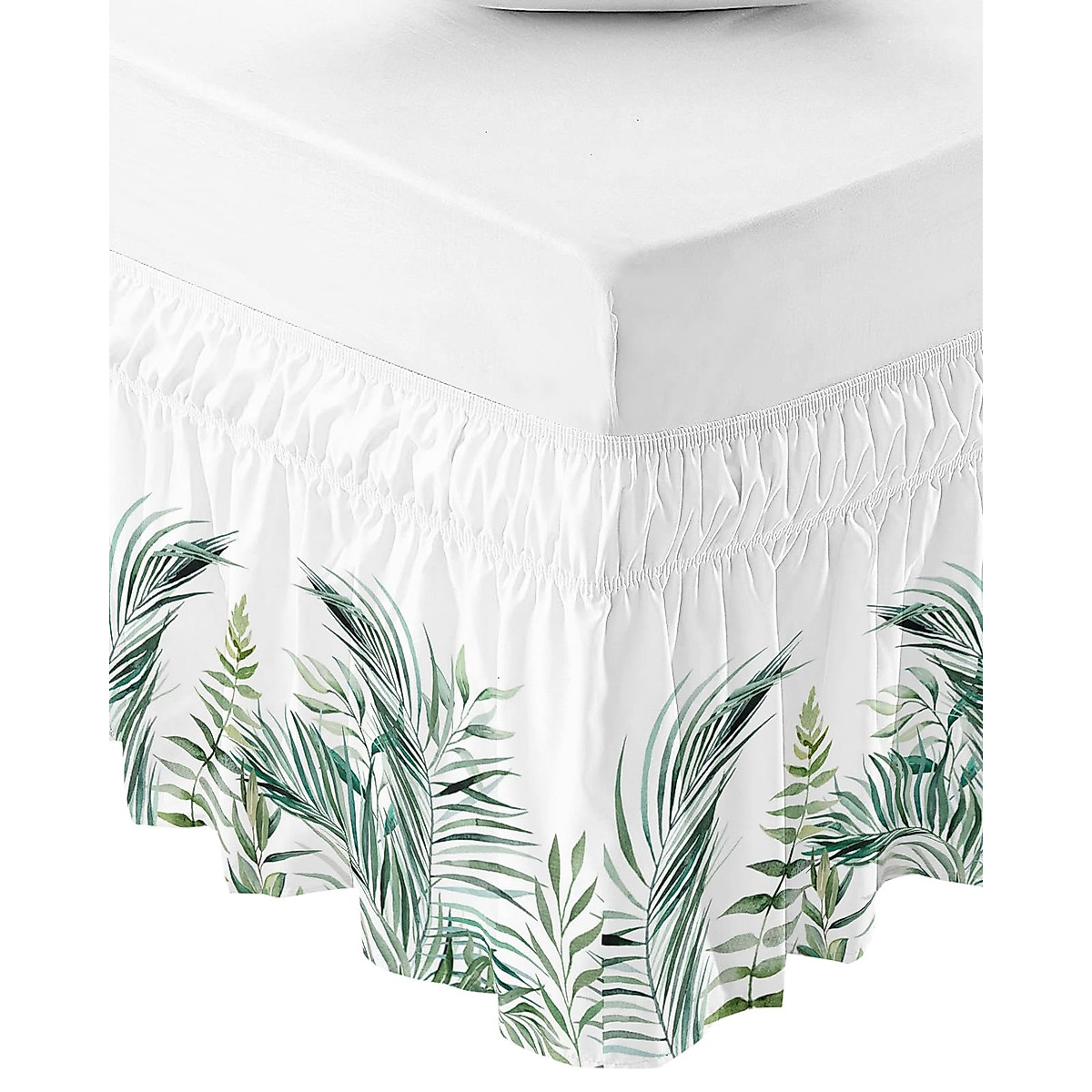 Tropical Bed Skirt Cal King Size 16 Inch Drop,Adjustable Elastic Wrap Around Bed Skirts Pleated Luxury Dust Ruffles for Twin Full Queen Cal King Bed,Country Rustic Green Palm Tree Leaves Eucalyptus