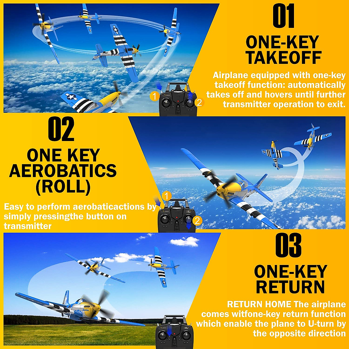 LEAMBE RC Plane 4 Channel Remote Control Airplane with 3 Modes - Ready to Fly Upgrade P51 Mustang RC Airplane for Beginners Adult with Xpilot Stabilization System & One Key Aerobatic