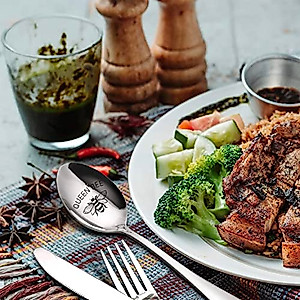 Queen Bee Funny Stainless Steel Engraved Spoon, Long Handle Coffee Tea Spoon Dessert Ice Cream Spoon for Coffee Lover, Ice Cream Lover, Women, Sister, Mom Gifts, Christmas Gift