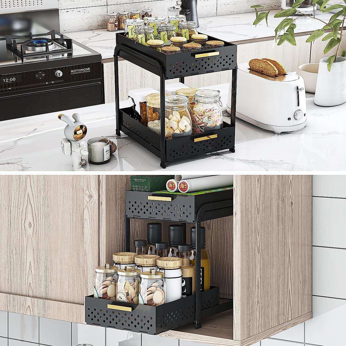 GILLAS 2 Pack 2 Tier Under Sink Organizer and Storage, Farmhouse Under Counter Storage for Kitchen, Under Cabinet Organizer for Bathroom, Sliding Basket Organizer, Black