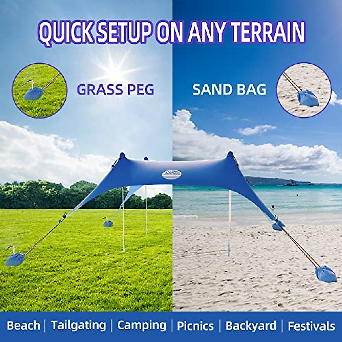 UMARDOO Family Beach Tent Sun Shade Canopy 10×10FT with 2 Aluminum Poles, UPF 50+ UV Protection Easy Setup Pop Up Portable Sun Shelter with Carrying Bag (Blue)