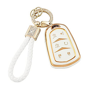 PIFOOG for Cadillac Escalade Key Fob Cover 2015 2016 2017 2018 2019 2020 Accessories 6 Buttons Keys Case Shell Full Covers Glitter Keychain Girly Women White Gold Soft TPU