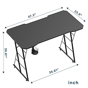 JOY worker Gaming Desk with LED Lights, 47 Inch Gamer Desk Carbon Fiber Desktop, Game Desk with Cup Holder, Home Office Gaming Room Workstation, Black