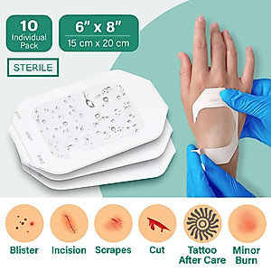 Everlit Care Transparent Film Dressing, Large Waterproof Adhesive Patch | Window Frame Wound Cover for Post Surgical Shower, IV Shield, Tattoo Aftercare Bandage (6" x 8" | 10 Pack)