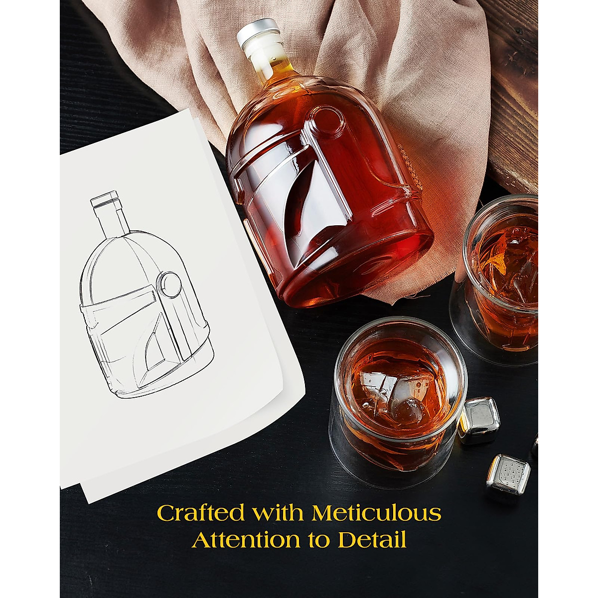 Galaxy Whiskey Decanter Set for Men, 34 Oz Decanter with Two Glasses, Handmade Leadfree Glass Decanter Set with Unique Helmet Design, Gift for Men, Dad, Him, Cool Drinking Accessories for Home Bar