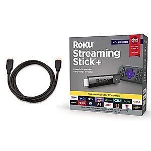 Roku Streaming Stick+ Streaming Device with Long-Range Wireless and Roku Voice Remote with TV Controls HD/4K/HDR & Bundle Swanky Cables HDMI Cable (Roku Streaming Stick), 3810-R