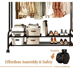 Antiwar Sturdy Metal Double Rodding Clothes Rack With Wheels, Portable Clothing Rack With Shelves & Hooks, Heavy Duty Garment Racks for Hanging Clothes, Multi-Functional Closet Rack for Bedroom, Black