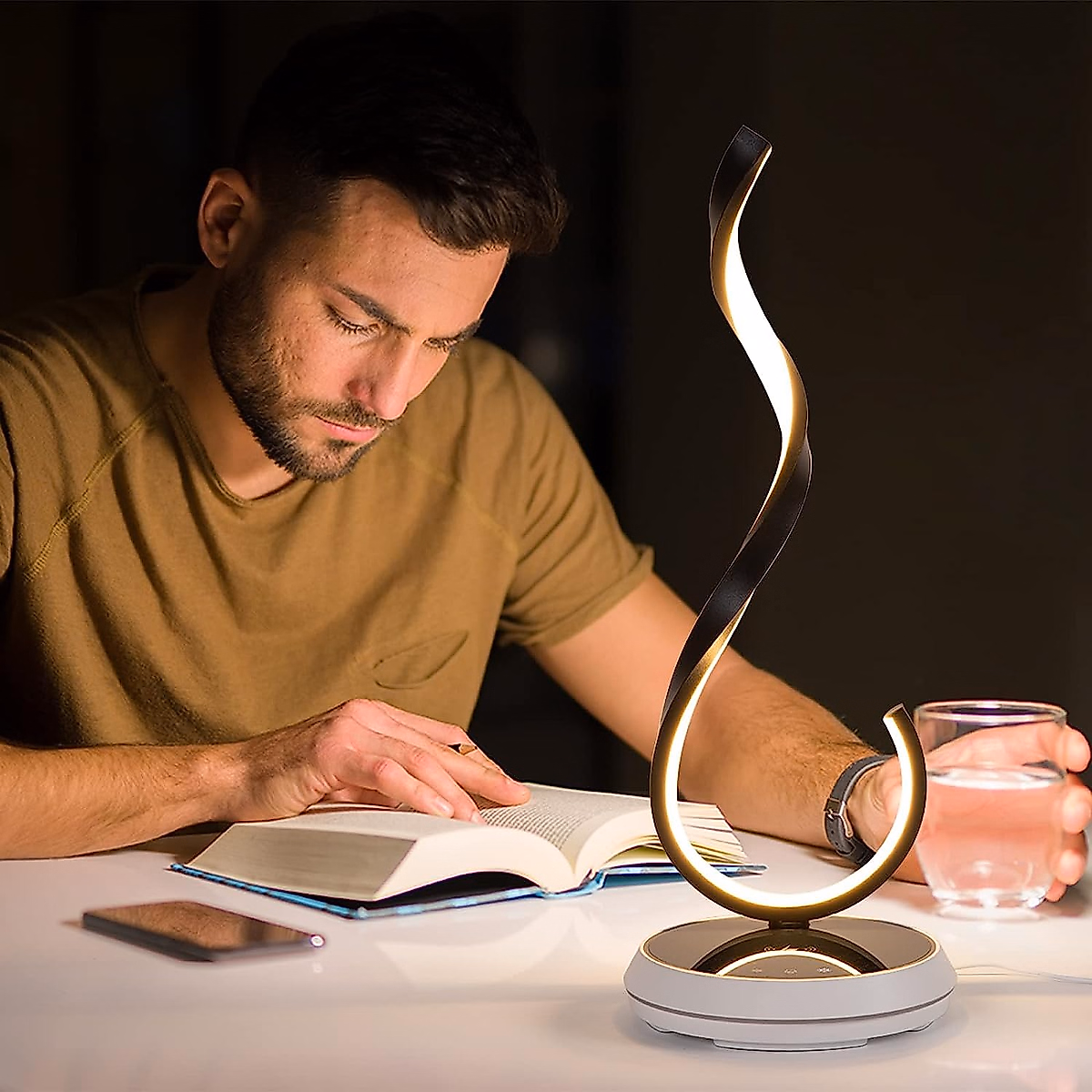 EIDEARAY Bedside Table LED Night Light with Wireless Charger and Bluetooth Speaker, Touch Control Stepless Dimmable Spiral Table Lamps for Bedroom,Great Birthday for Girlfriend, Women, Mom, Men