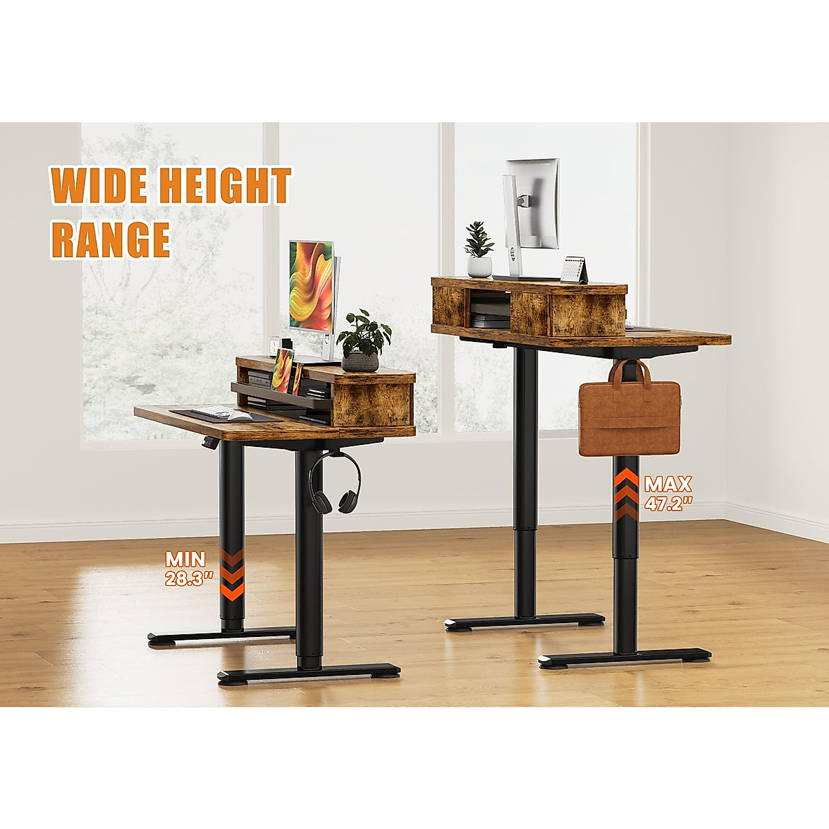 Flycity Electric Standing Desk with Dual Monitor Stand, Height Adjustable Desk Sit Stand Desk with Memory Controller, Casters & 2 Hooks, Low Noise Home Office Desk (Rustic Brown, 48" x 24")