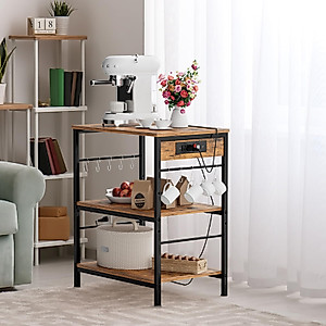 ETELI Bakers Rack with Power Outlet Microwave Stand Cart with Storage Coffee Station Table Cart on Wheels for Kitchen Living Room Bedroom, Rustic Brown