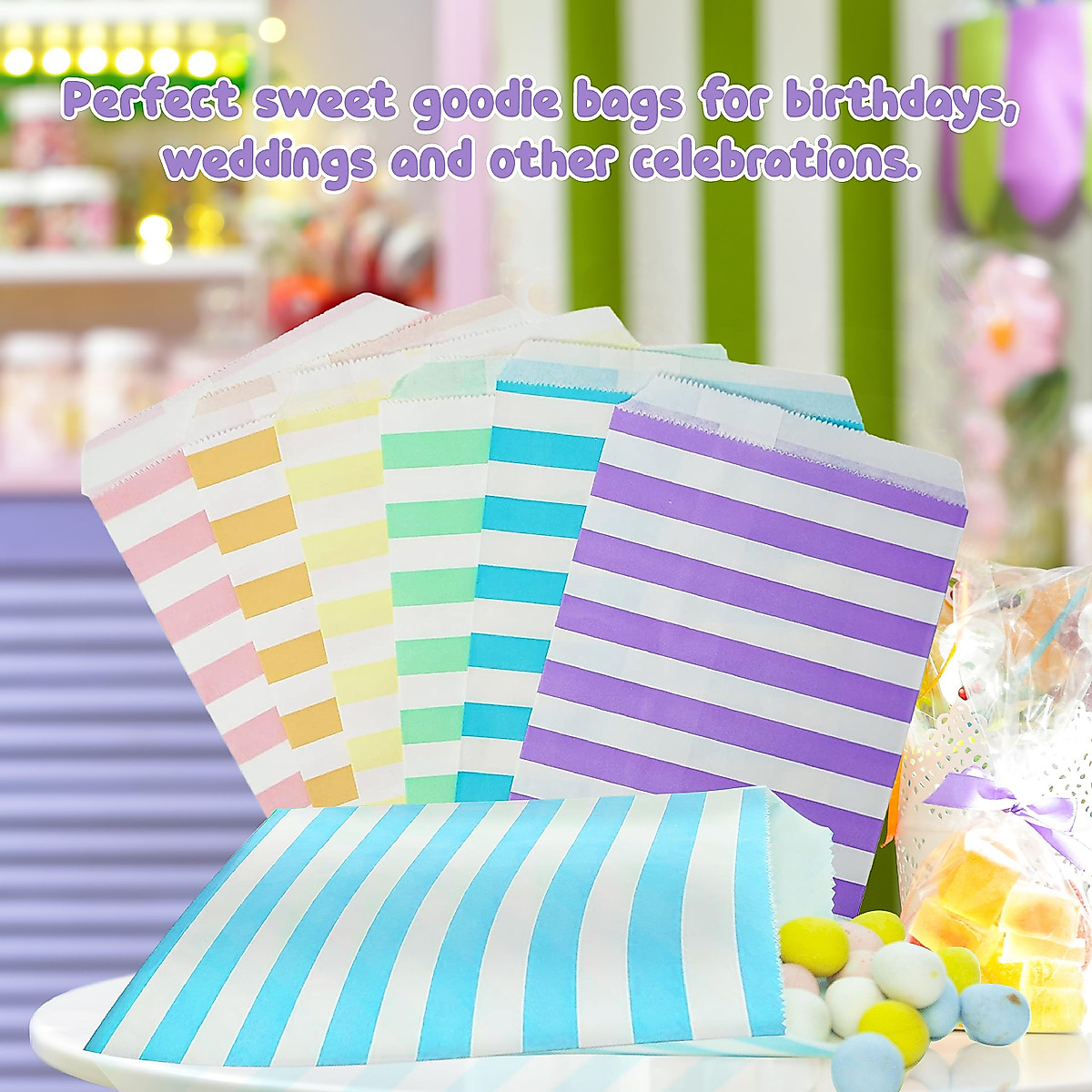 Food Safe Biodegradable Paper Candy Favor & Treat Bags For All Parties - 48 Count Assorted, 7x5 Size - By Chloe Elizabeth (Rainbow Pastel Mix)