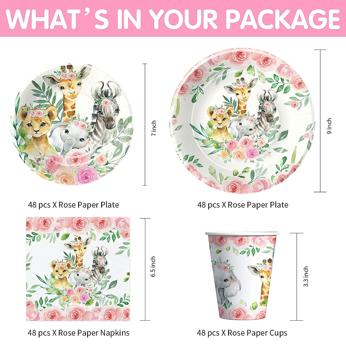 HIPVVILD Safari Jungle Theme Party Supplies for Girl - Animal Safari Birthday Baby Shower Decorations Tableware Include 9" Plates, 7" Plate, Cup, Napkin, Jungle Safari Party Decorations | Serve 48