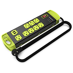 Monster Workshop Heavy-Duty Garage Power Strip Surge Protector - Mountable Heavy-Duty Wide-Spaced 8 Grounded AC & 2 USB-A Outlets with 14ft Angled Flat Plug - 1200 Joules - ETL Listed Black