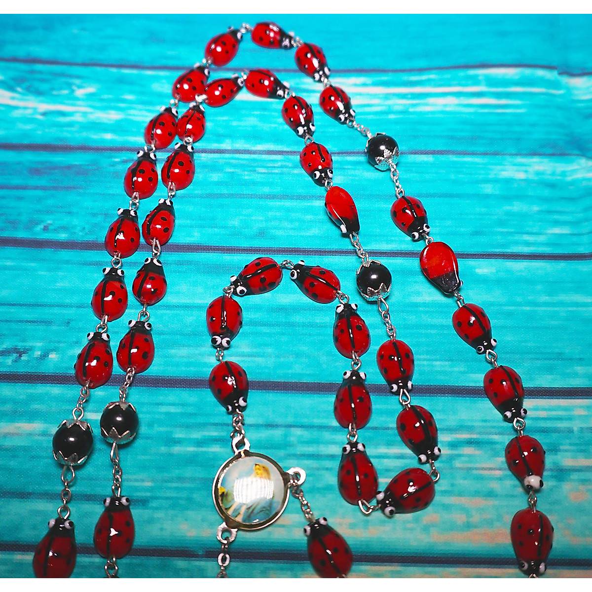col-p Catholic Steel Rosary Ceramic Ladybug Devotional 29" inch long centerpiece Lady of Grace Sanctified Papal Crucifix Zinc Alloy