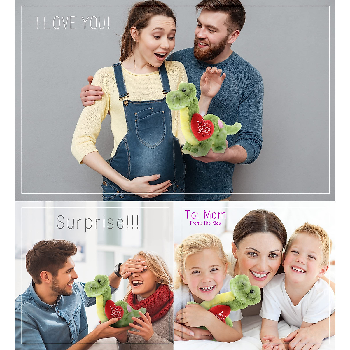 DolliBu I Love You Valentine Green Dinosaur Plush - Cute Dinosaur Stuffed Animal with Red Heart and Name Personalization Gift for Valentines Day, Birthday, Anniversary, Romantic Date - 10 Inches