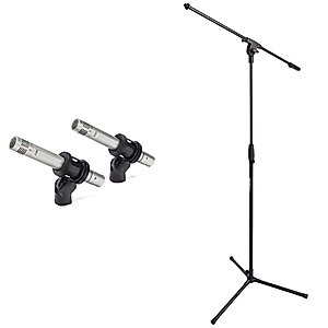 Samson Pencil Condenser Microphones (SAM C02PR) and Amazon Basics Adjustable Boom Height Microphone Stand with Tripod Base - Black