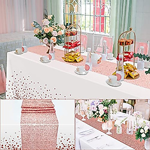 HAOBAOBEI Rose Gold Tablecloth Sequin Table Runner Set, Plastic Table Cloths Pink White Party Decorations, Rectangle Glitter Table Cover for Birthday Wedding Anniversary Parties Supplies (54x108 inch)