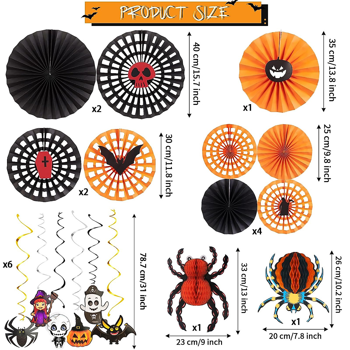 Halloween Hanging Paper Fans Decorations, Orange and Black Halloween Decor.Paper Spider Honeycomb, Hanging Swirls Decorations, Bat Pumpkin Spider Paper Garland for Wall Window Halloween Decorations.