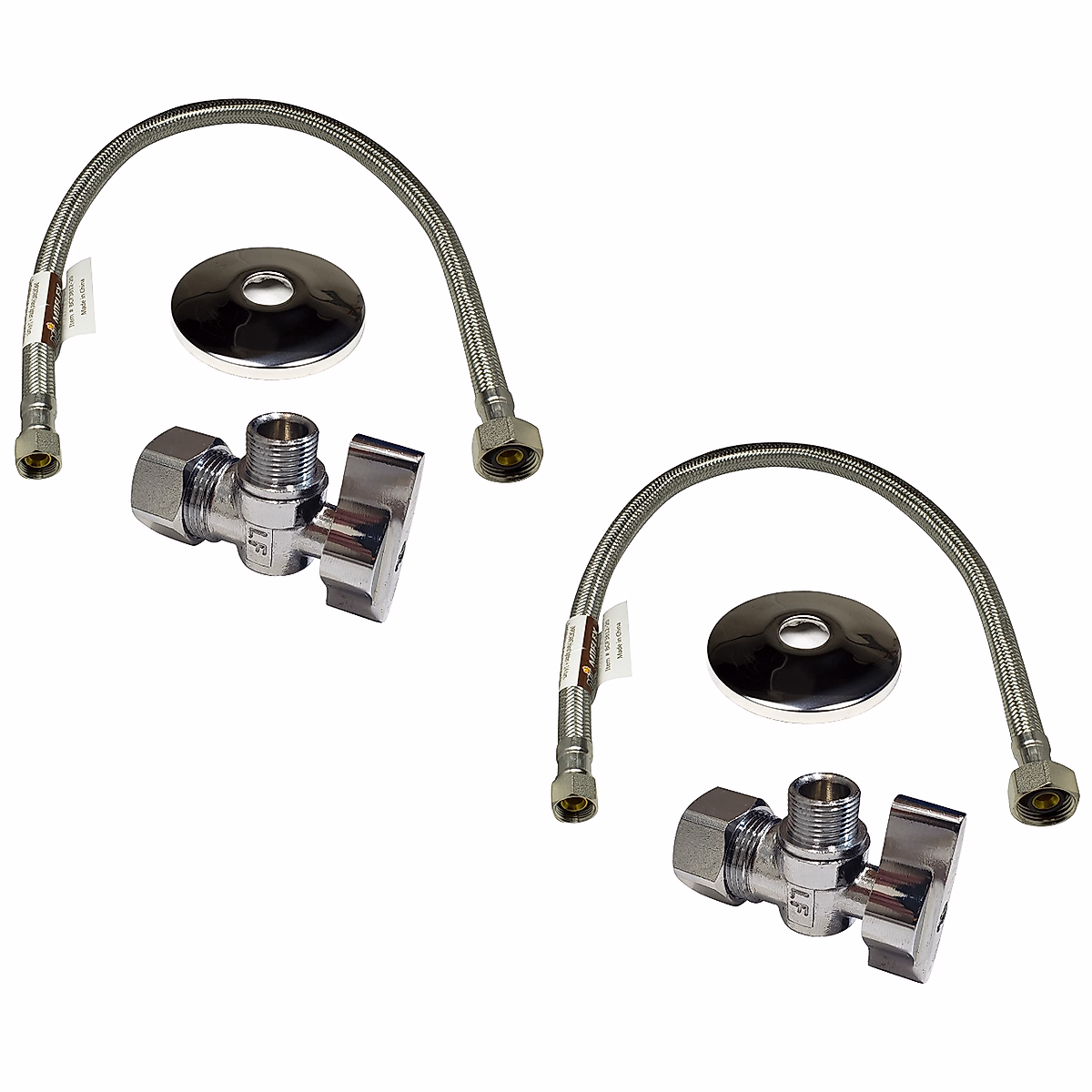 Complete Set 1/2 in. NOM Inlet x 3/8 in. OD Compression Outlet Angle Shut Off Valve + Escutcheon Plate + 20" Long Stainless Steel Braided Faucet Water Supply Line (2 Pack)