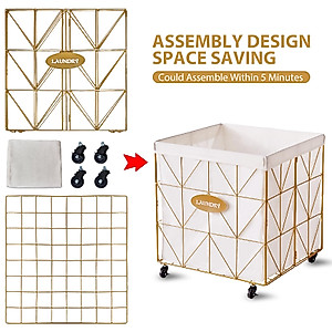 Wimarsbon Laundry Baskets,Collapsible Laundry Basket with Wheels,Removable Lined for Easy Cleaning Storage Basket,Sturdy Metal Frame for Clothes Storage for Living Room (210L-LD-Gold)