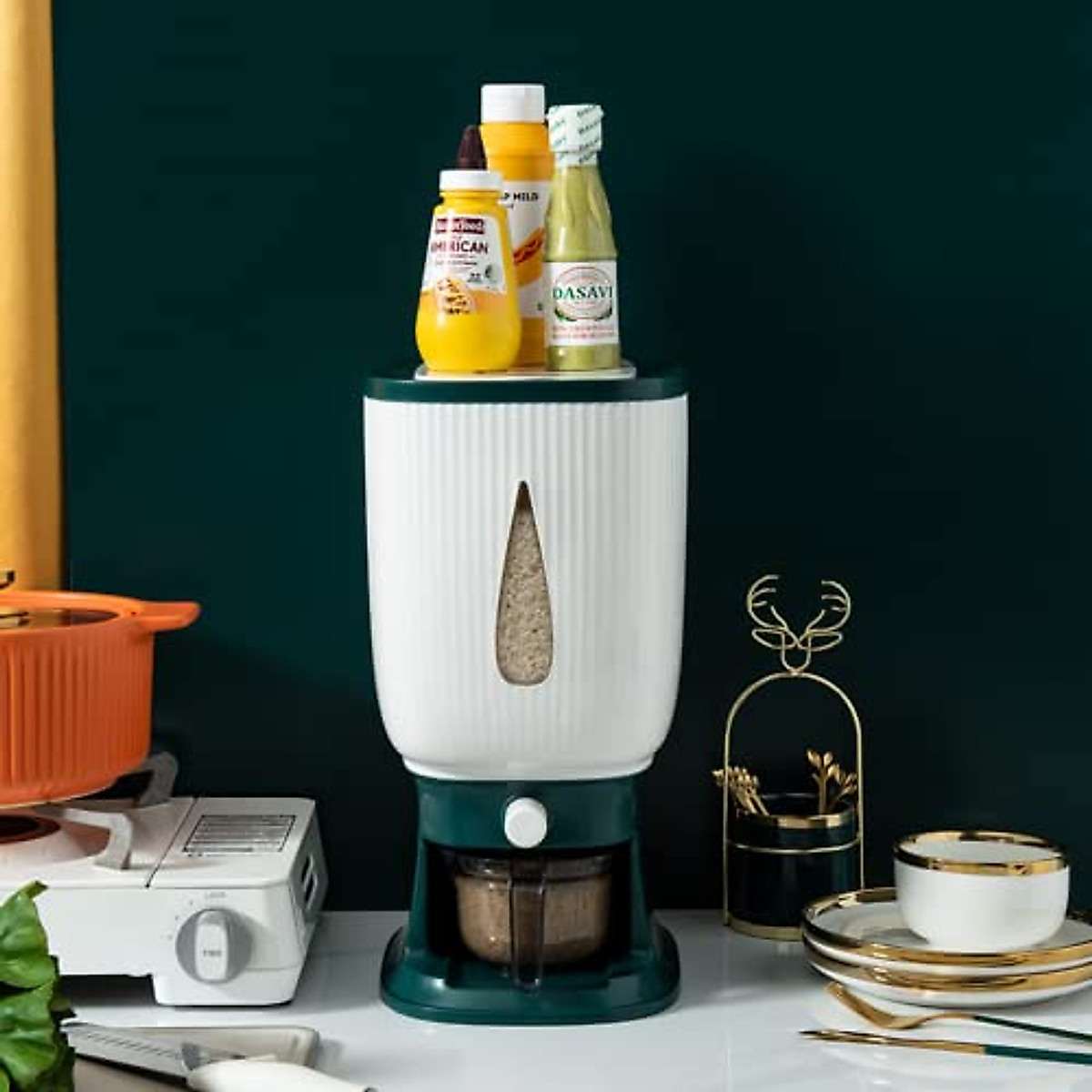 Saim Upgrade Rice Dispenser 20 Lbs, Food Grain Storage Container Cereal Dispenser Transparent Visible Sealed Storage Box with Lid for Kitchen Organization and Storage Rice and Cereal,Beans - Green