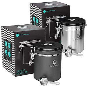 Coffee Gator Coffee Canister(2-Pack), Airtight Coffee Containers for Grounds and Beans Storage with Date-Tracker, CO2 Valve and Coffee Scoop - Medium, 16oz, Silver&Gray