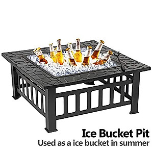 32 Inch Outdoor Fire Pit Square Metal Firepit Table Wood Burning Fireplace with Waterproof Cover Mesh Lid Backyard Patio Garden Bonfire BBQ Grill, Black