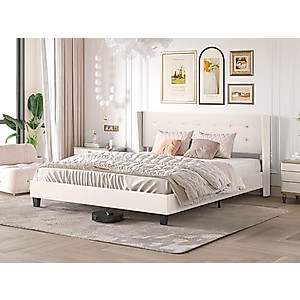 BONSOIR Bed Frame Upholstered Traditional Low Profile Platform with Wing Back Headboard/No Box Spring Needed/No Bed Skirt Needed/Linen Fabric Upholstery/Sand (Cream, Queen Size)
