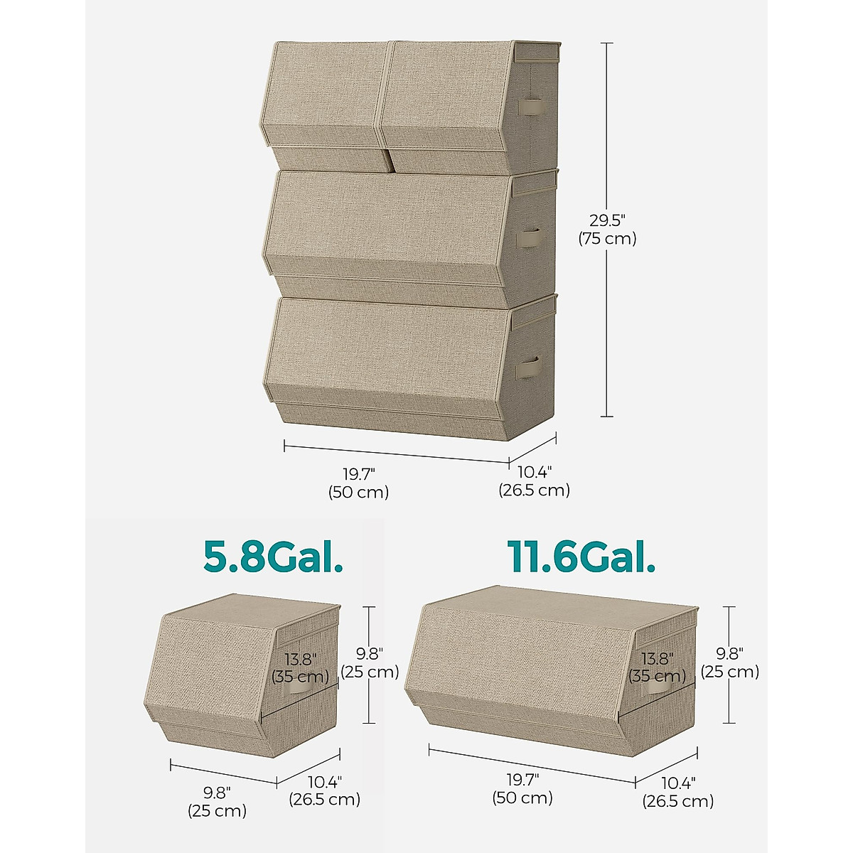 SONGMICS Set of 4 Stackable Storage Bins with Magnetic Closures, Fabric Storage Boxes with Lids, Storage Containers in Wardrobe Closet, Clothes Organizers, Sand Beige URLB022Y02