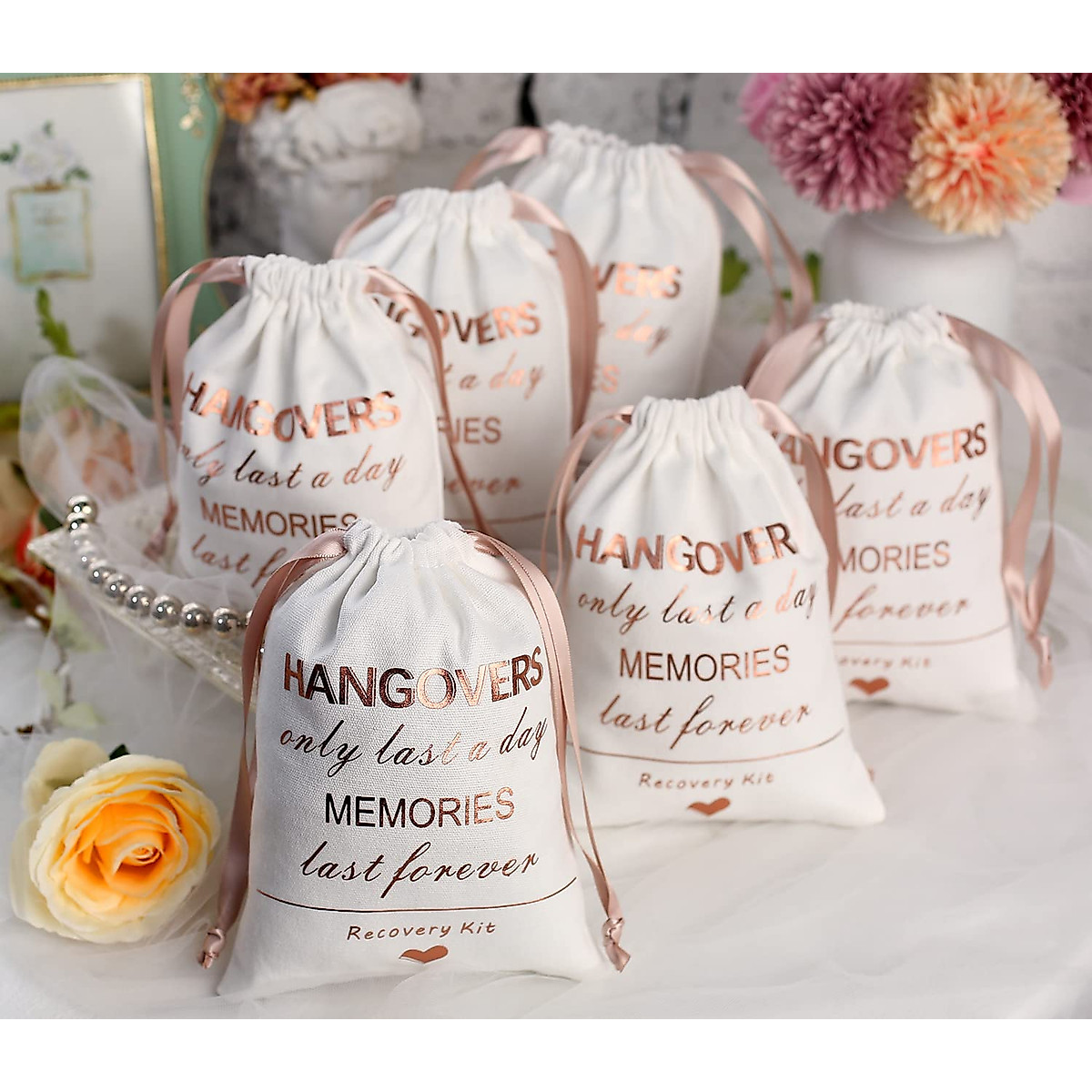 Cytdkve Rose Gold Foiled Hangover Favor Bag Bachelorette Party Favor Bag, Wedding Survival Kit Bags Bride Bridesmaid Gift Bags for Wedding Bridal Shower Party (10 Pieces, White, 5 x 7 Inch)